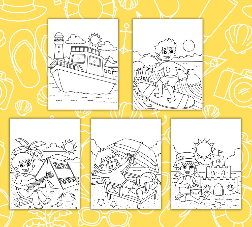 Summer Fun Coloring Page Set, Instant Download, Pool Party Activity ...