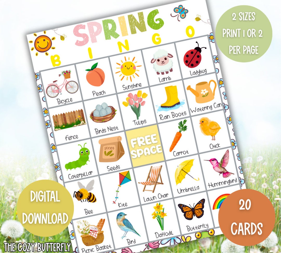20 Spring Bingo Cards Printable Game, Spring Bingo Kids Classroom ...