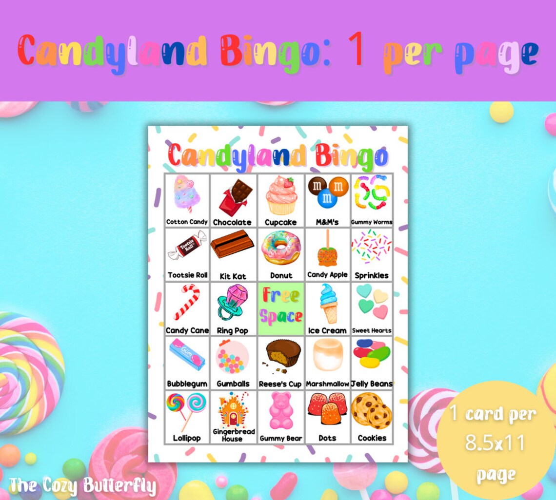 Candyland Bingo, Candy Theme Game, 20 Bingo Cards, Kids Candy Game ...