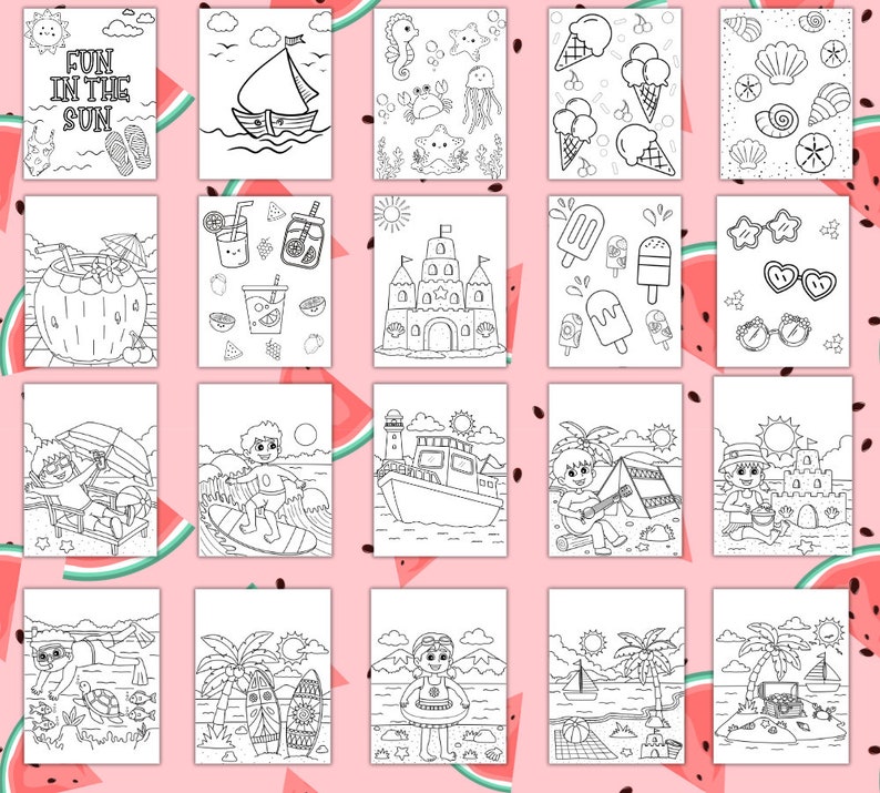 Summer Fun Coloring Page Set, Instant Download, Pool Party Activity ...