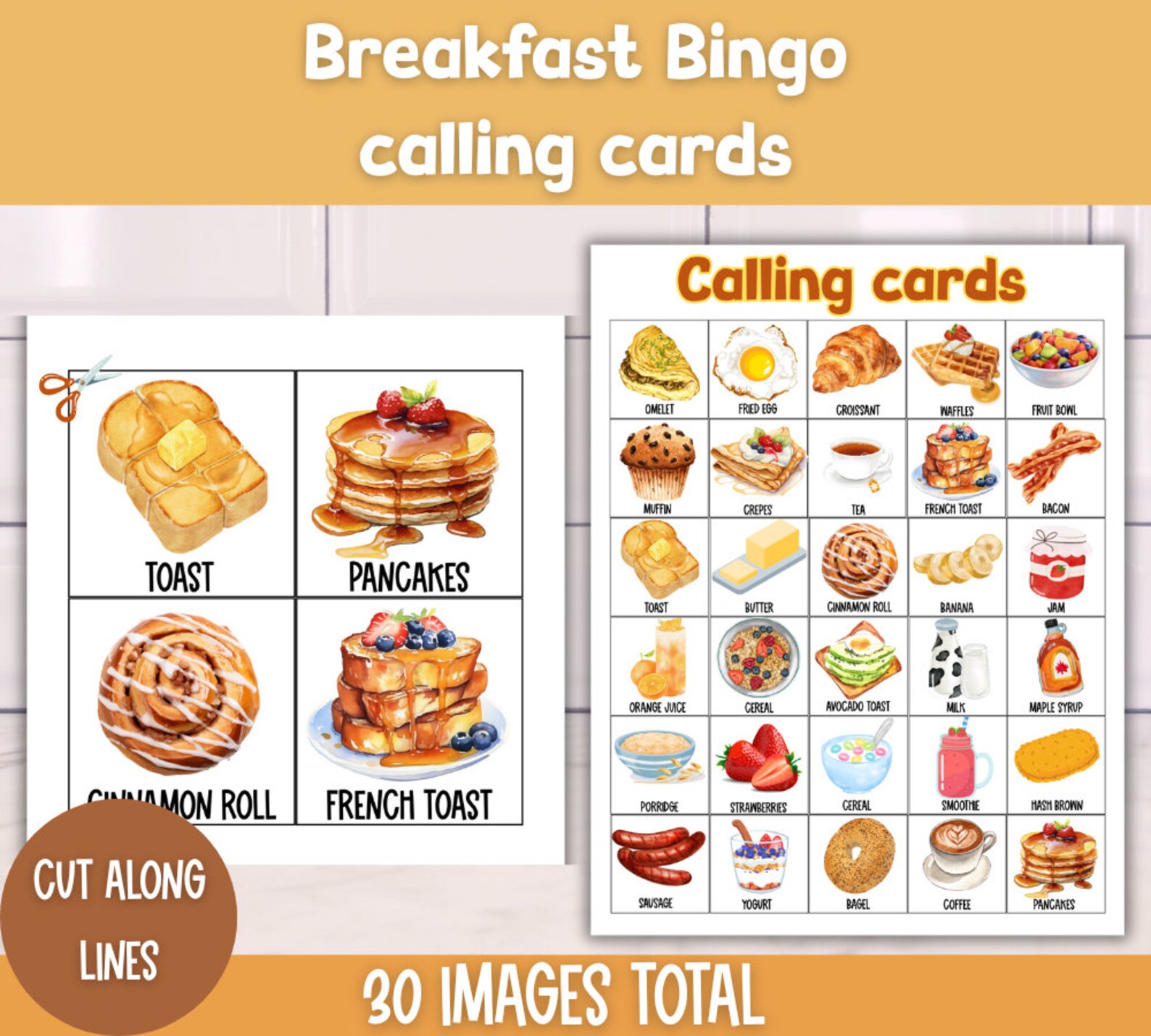 20 Breakfast Bingo Cards Printable Game, Sunday Brunch Bingo, Board ...