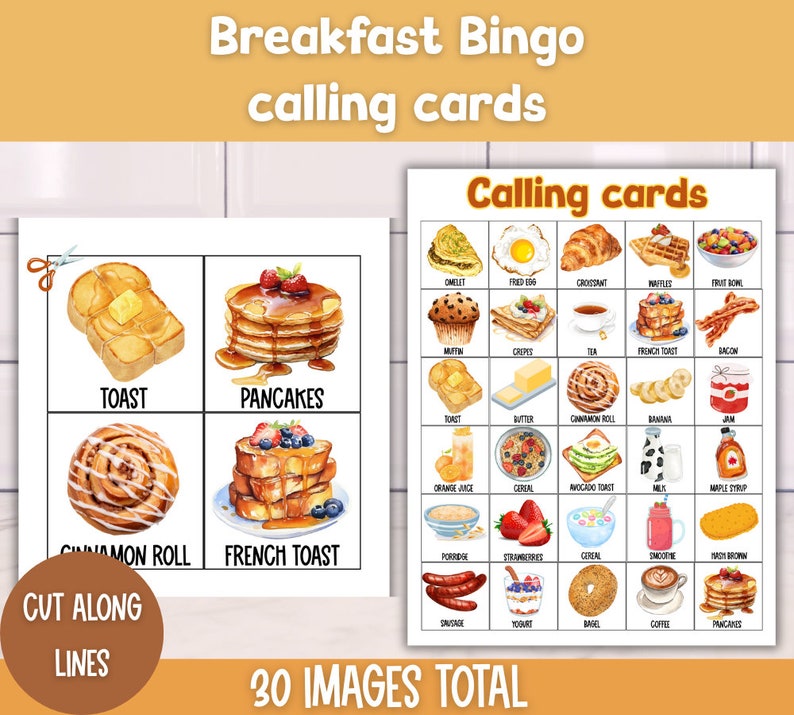20 Breakfast Bingo Cards Printable Game, Sunday Brunch Bingo, Board ...