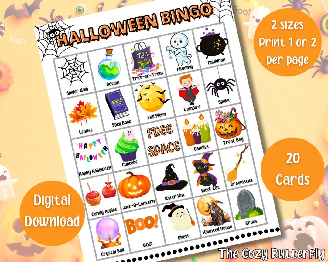 Halloween Bingo, 20 Bingo Cards, Halloween Activity, Kids Halloween ...