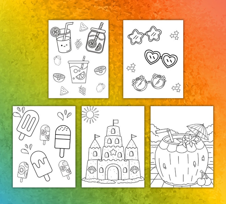 Summer Fun Coloring Page Set, Instant Download, Pool Party Activity ...