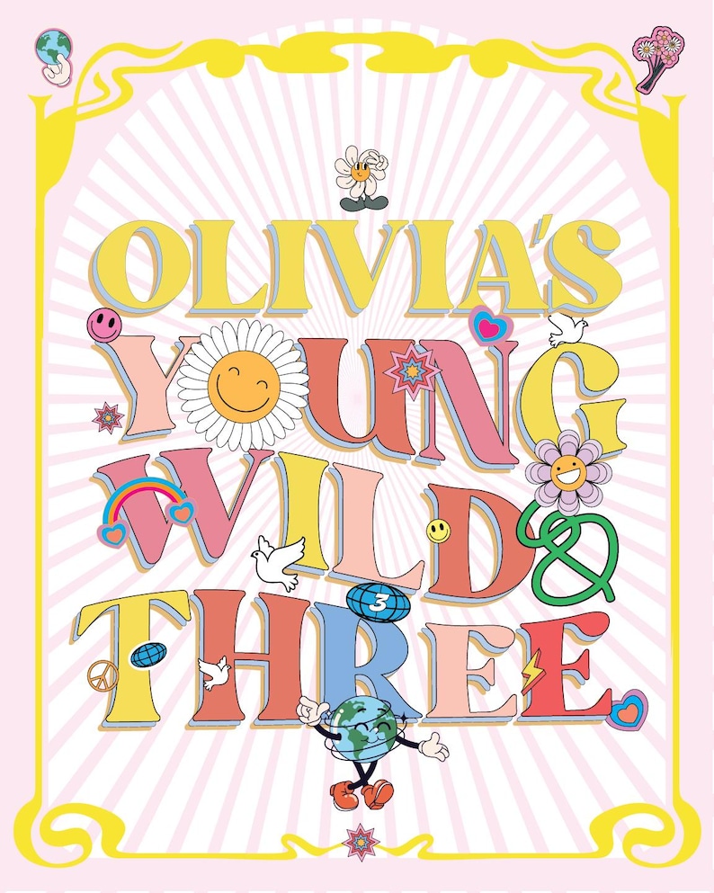 Groovy Retro Welcome Sign, Young Wild Three Birthday Poster (digital ...