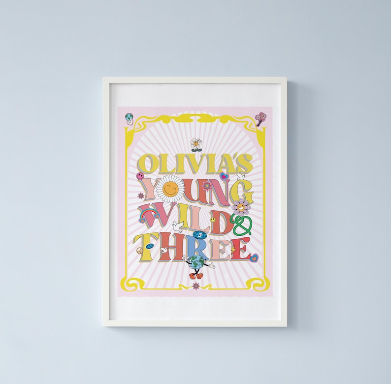 Groovy Retro Welcome Sign, Young Wild Three Birthday Poster (digital ...