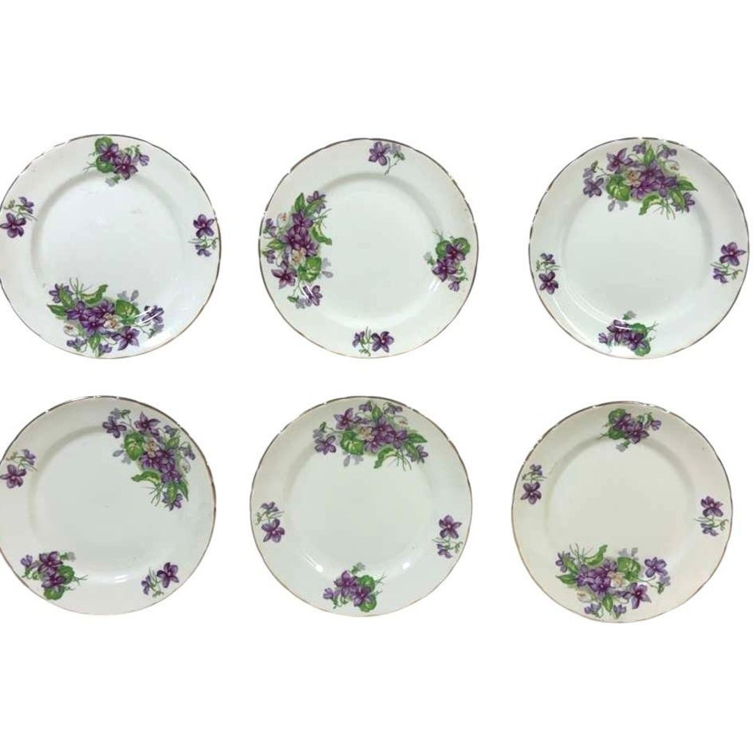 H M Sutherland England Devon Violet 6.25" 6 Cake Plates Gold Trim ...