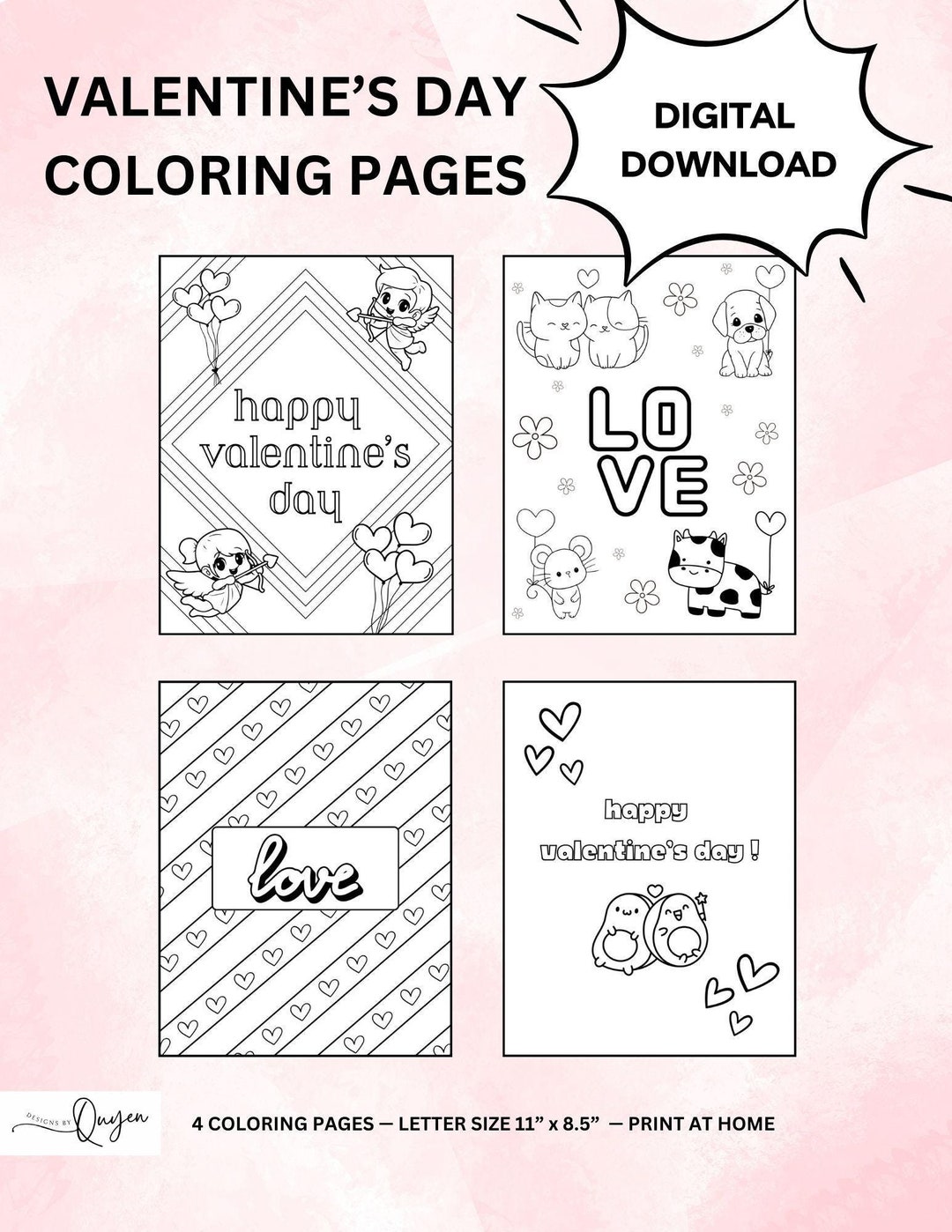 Valentine's Day Coloring Pages - Digital Download PDF - Etsy