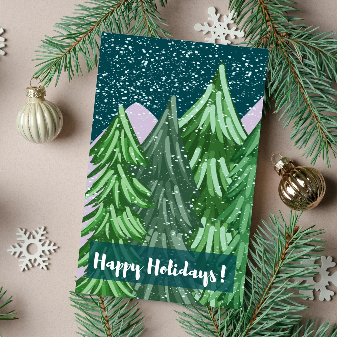 Printable Christmas Card Happy Holidays Card Winter Greeting Card Snowy ...