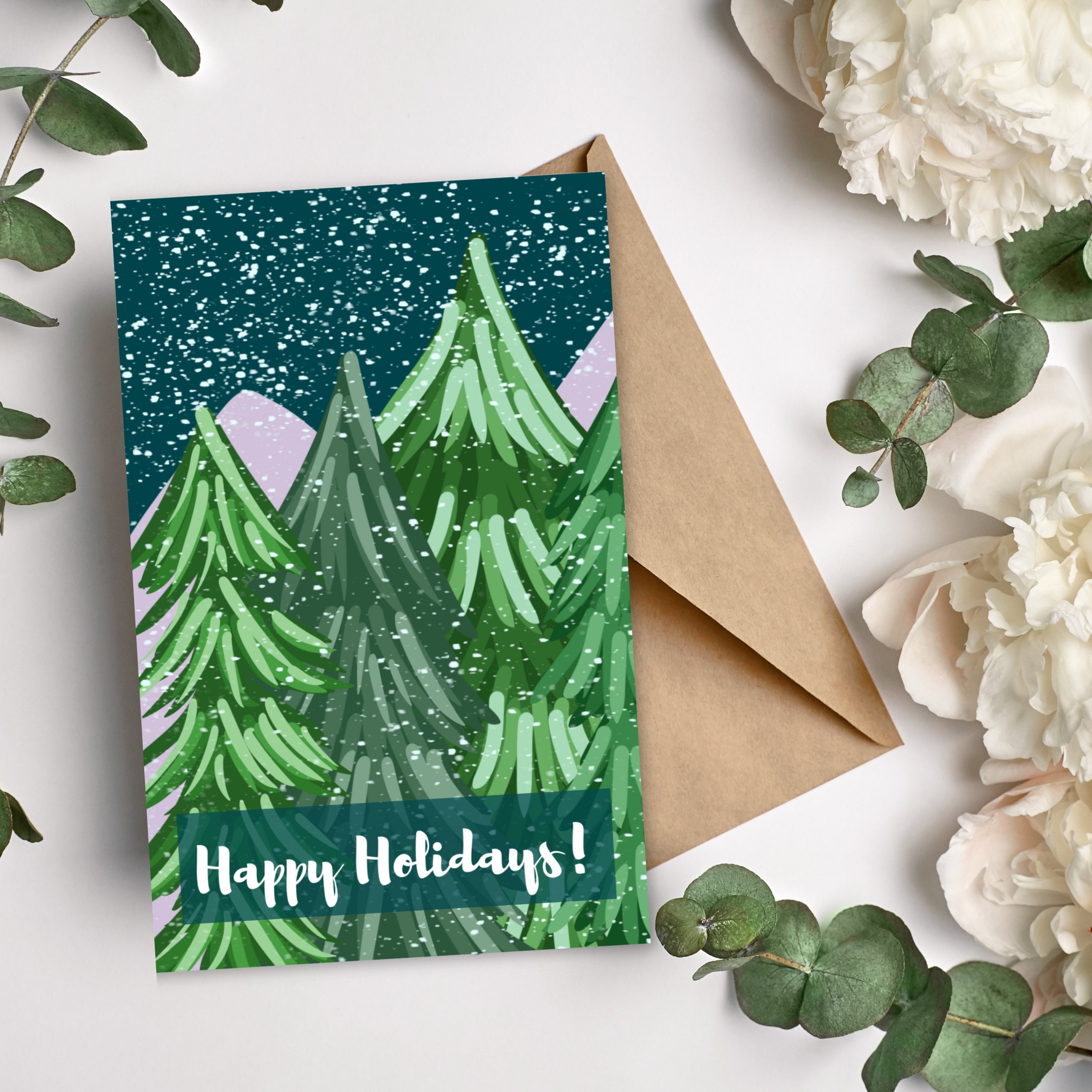 Printable Christmas Card Happy Holidays Card Winter Greeting Card Snowy ...