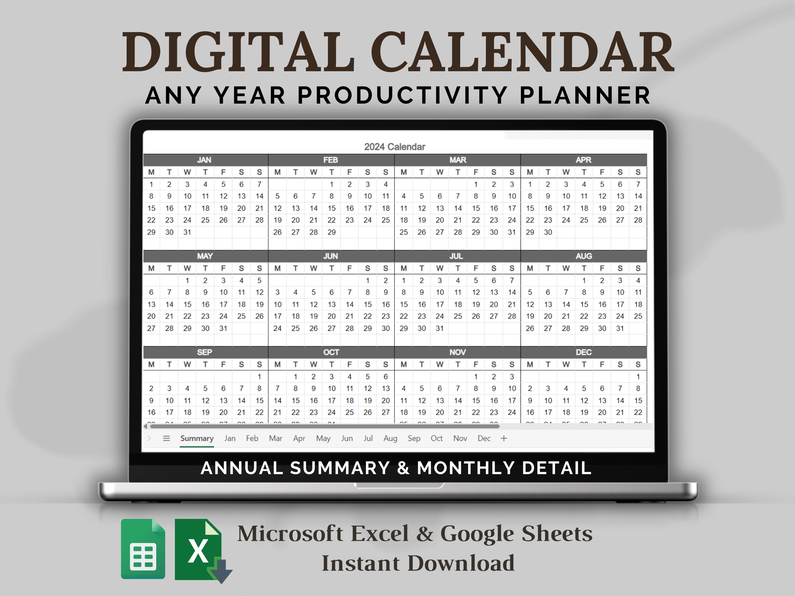 Digital Calendar Spreadsheet for Excel or Google Sheets (any Year ...