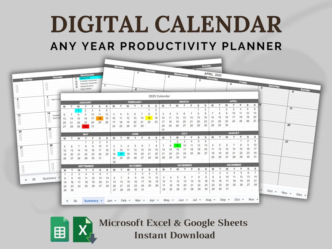 Digital Calendar Spreadsheet for Excel or Google Sheets, Any Year ...