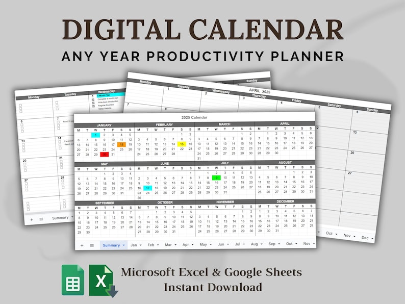 Digital Calendar Spreadsheet for Excel or Google Sheets (any Year ...