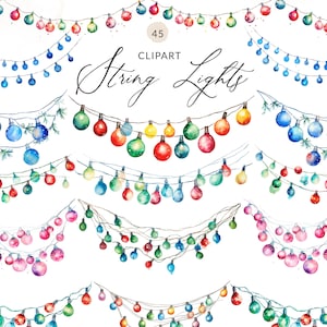 Christmas String Lights Clipart, Watercolor Christmas Lights Clipart ...