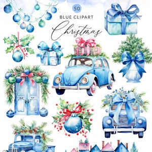 50 Blue Christmas Clipart Blue Watercolor Christmas Clipart, Teal ...