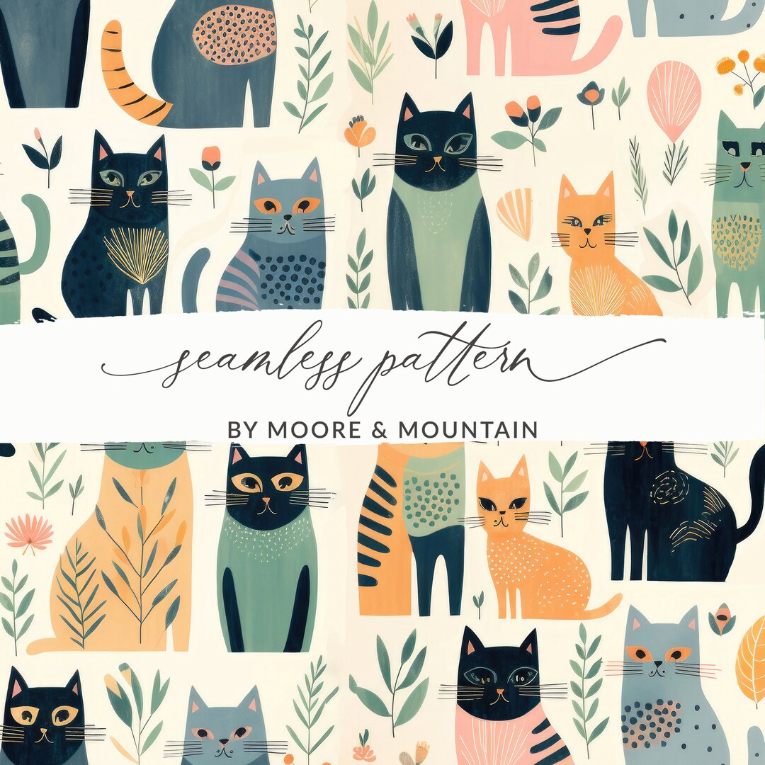 Mad Cat Digital Paper, Illustrated Cats Seamless Background Pattern ...