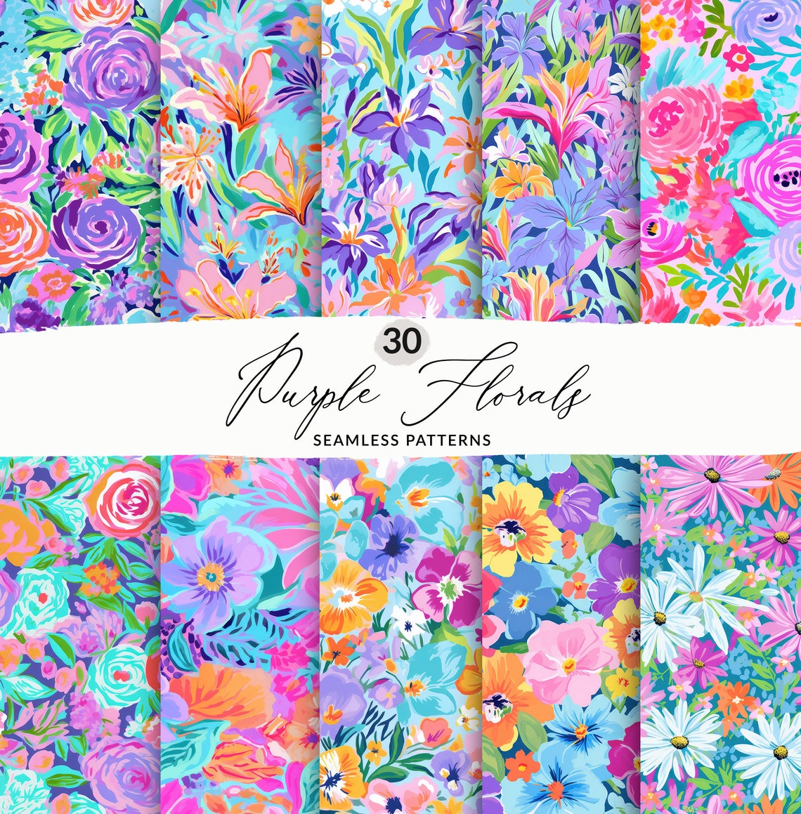 30 Purple Floral Seamless Patterns Purple Flowers, Preppy Spring Flower ...