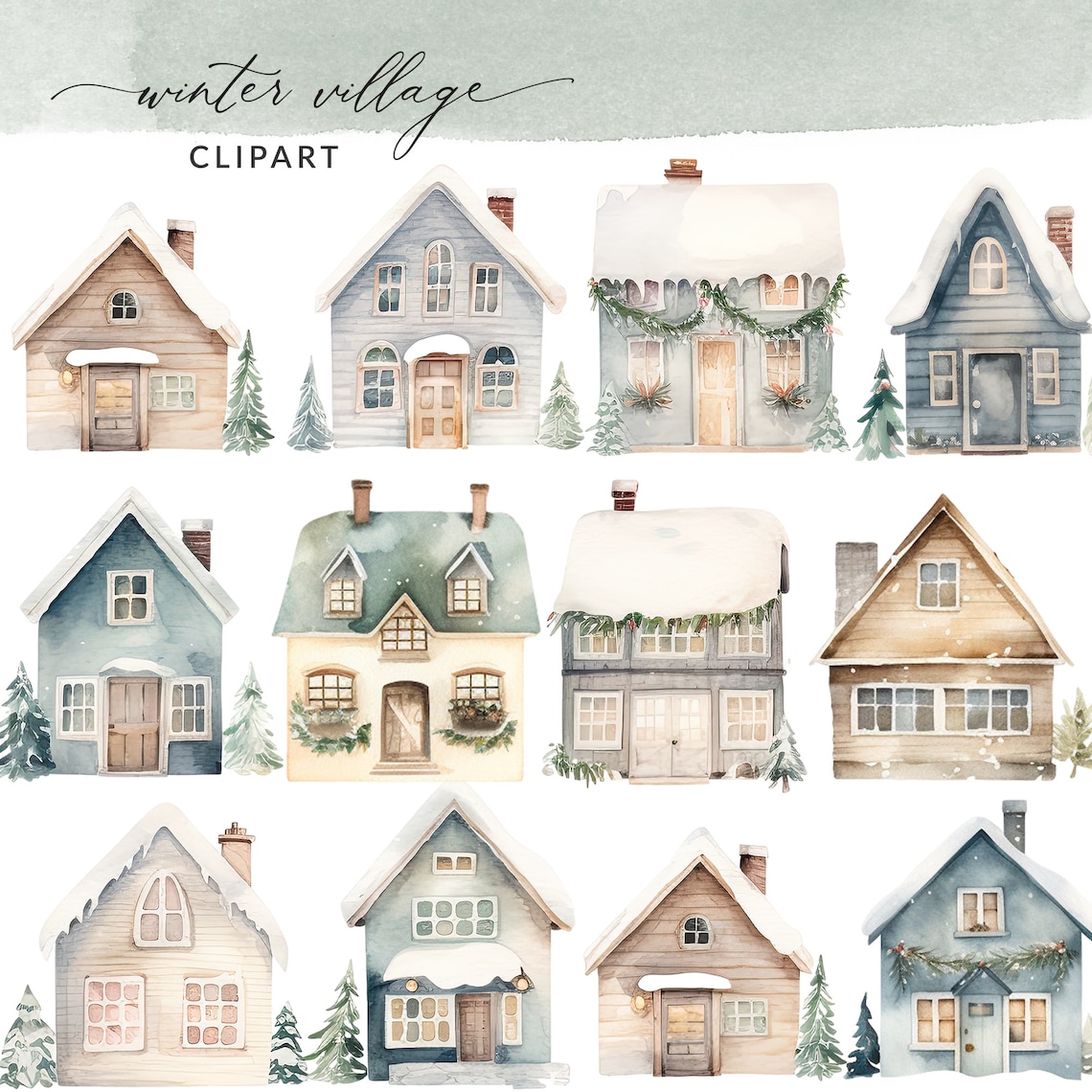 Christmas Village Clipart, Watercolor Winter Village Clipart, Village ...