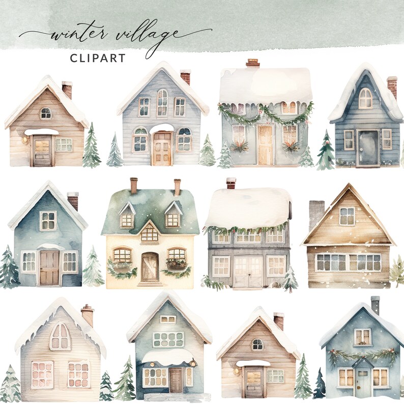Christmas Village Clipart, Watercolor Winter Village Clipart, Village ...