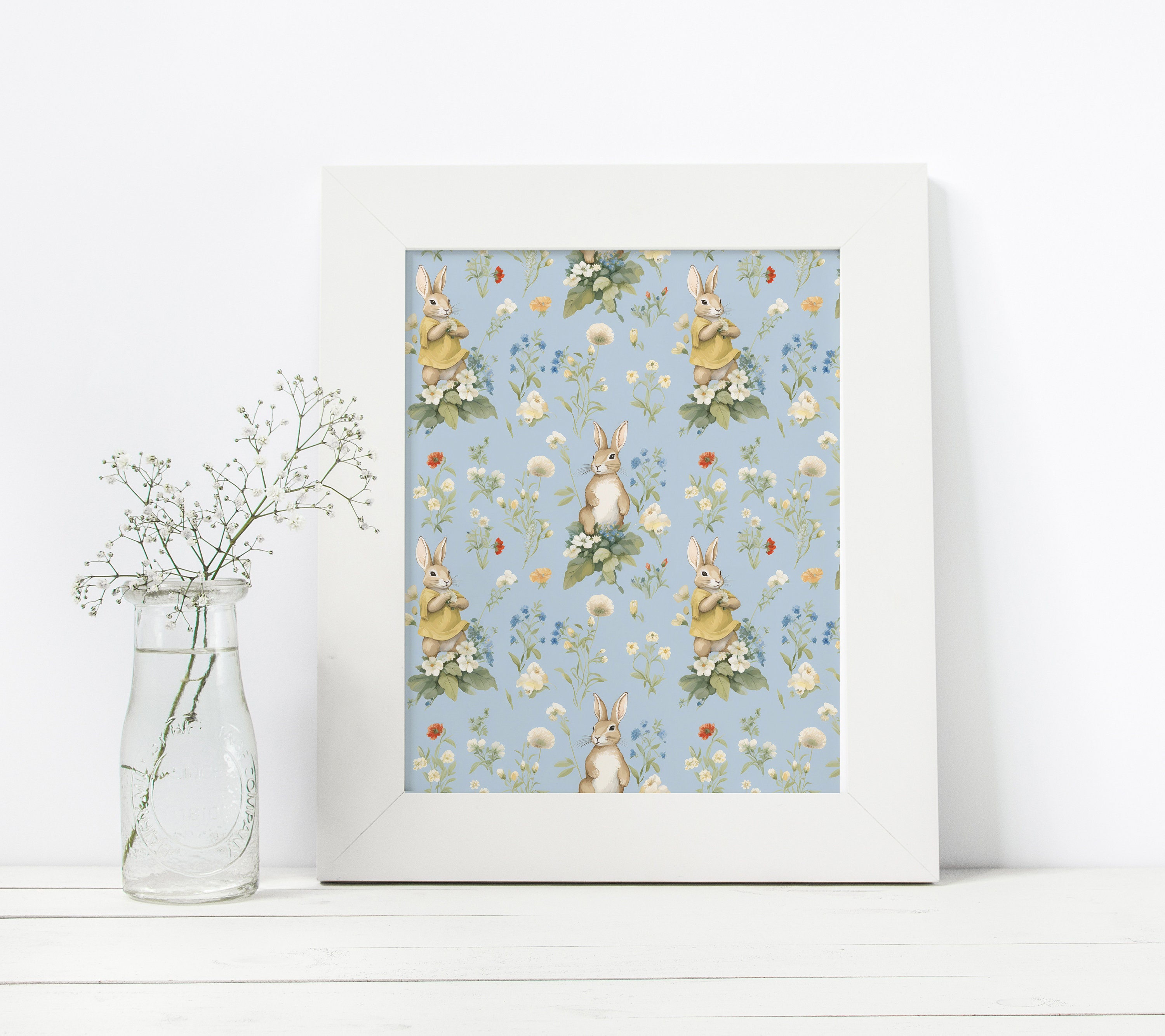 Light Blue Rabbit Baby Shower Background, Vintage Rabbit Digital Paper, Seamless Pattern Baby ...