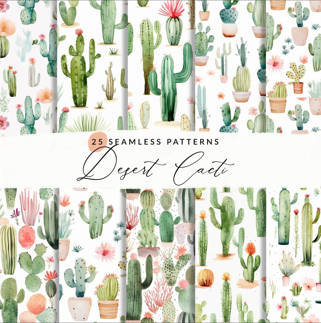25 Watercolor Cactus Patterns, Seamless Desert Patterns, Seamless ...