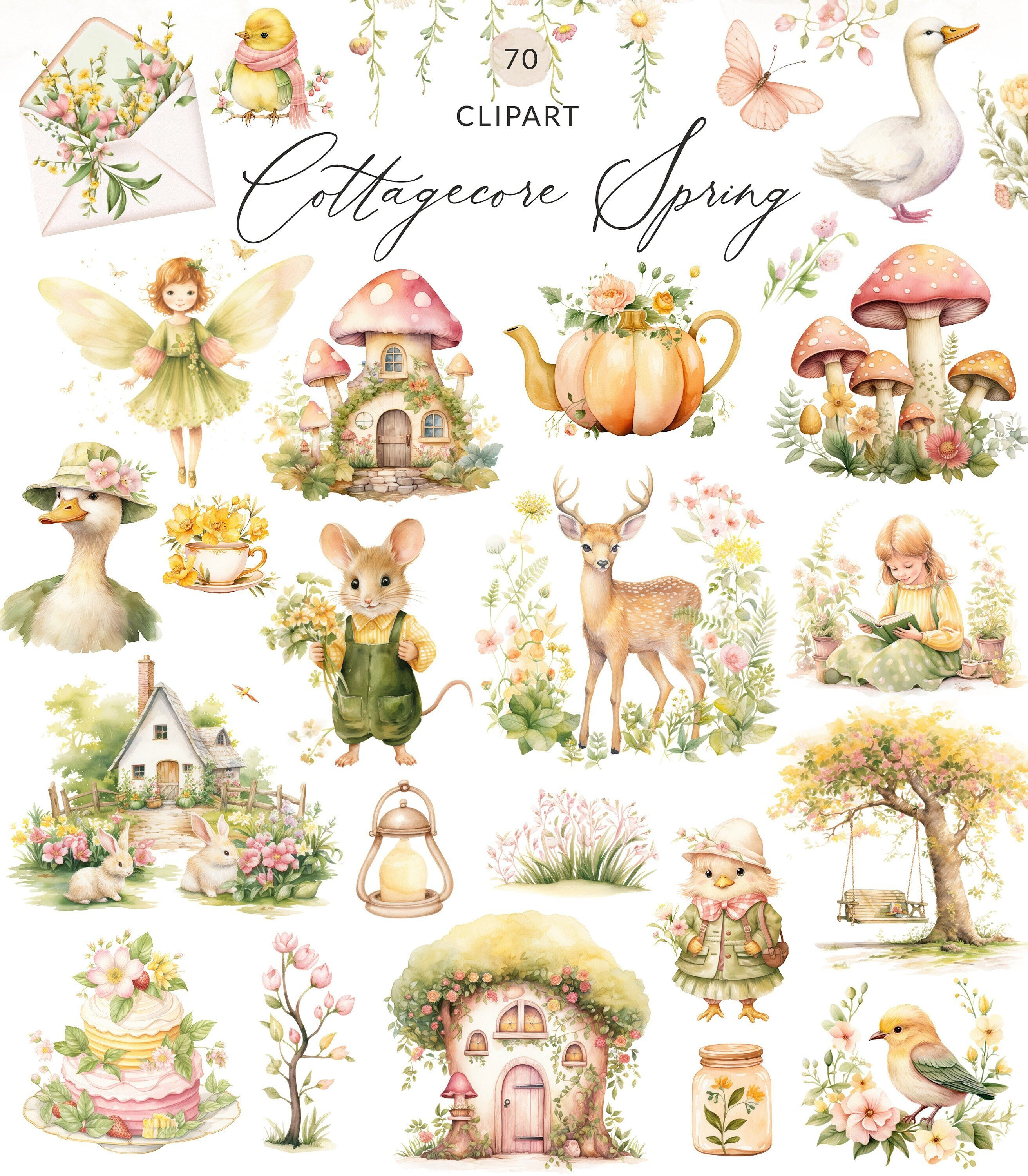 70 Spring Cottagecore Clipart Set, Watercolor Cottagecore Clipart ...