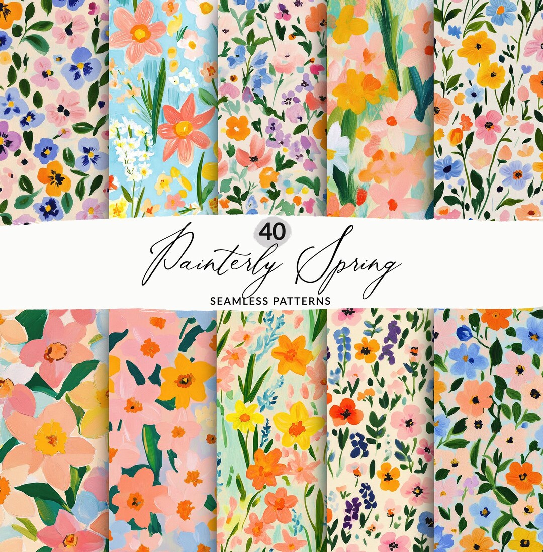 40 Modern Spring Floral Patterns, Painted Spring Flowers Seamless ...