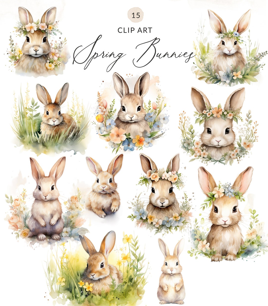 Boho Watercolor Bunny Clipart, Spring Bunnies With Flowers Clipart ...