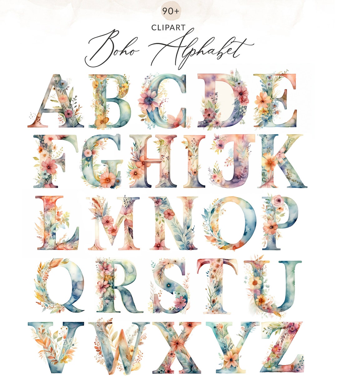 Boho Floral Alphabet, Boho Alphabet PNG Floral Watercolor Alphabet ...