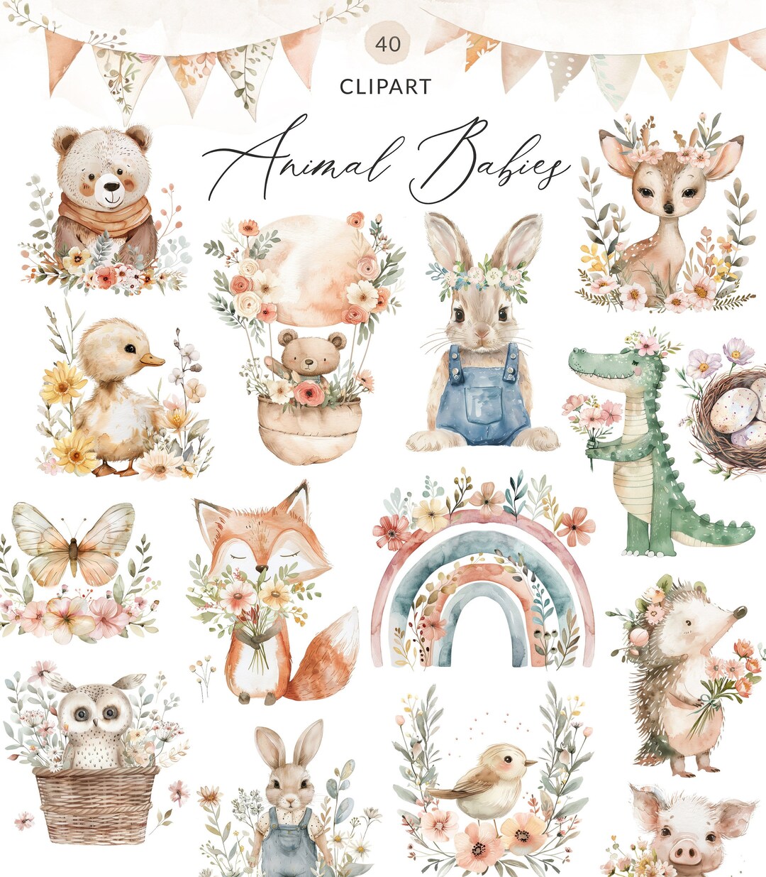 40 Baby Animals Clipart Set, Watercolor Teddy Bear Clip Art, Baby Fox ...