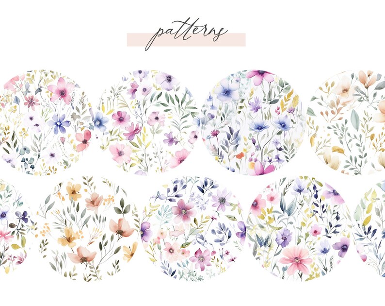 Painted Spring Flora Seamless Patterns Watercolor, Wild Meadow Digital ...