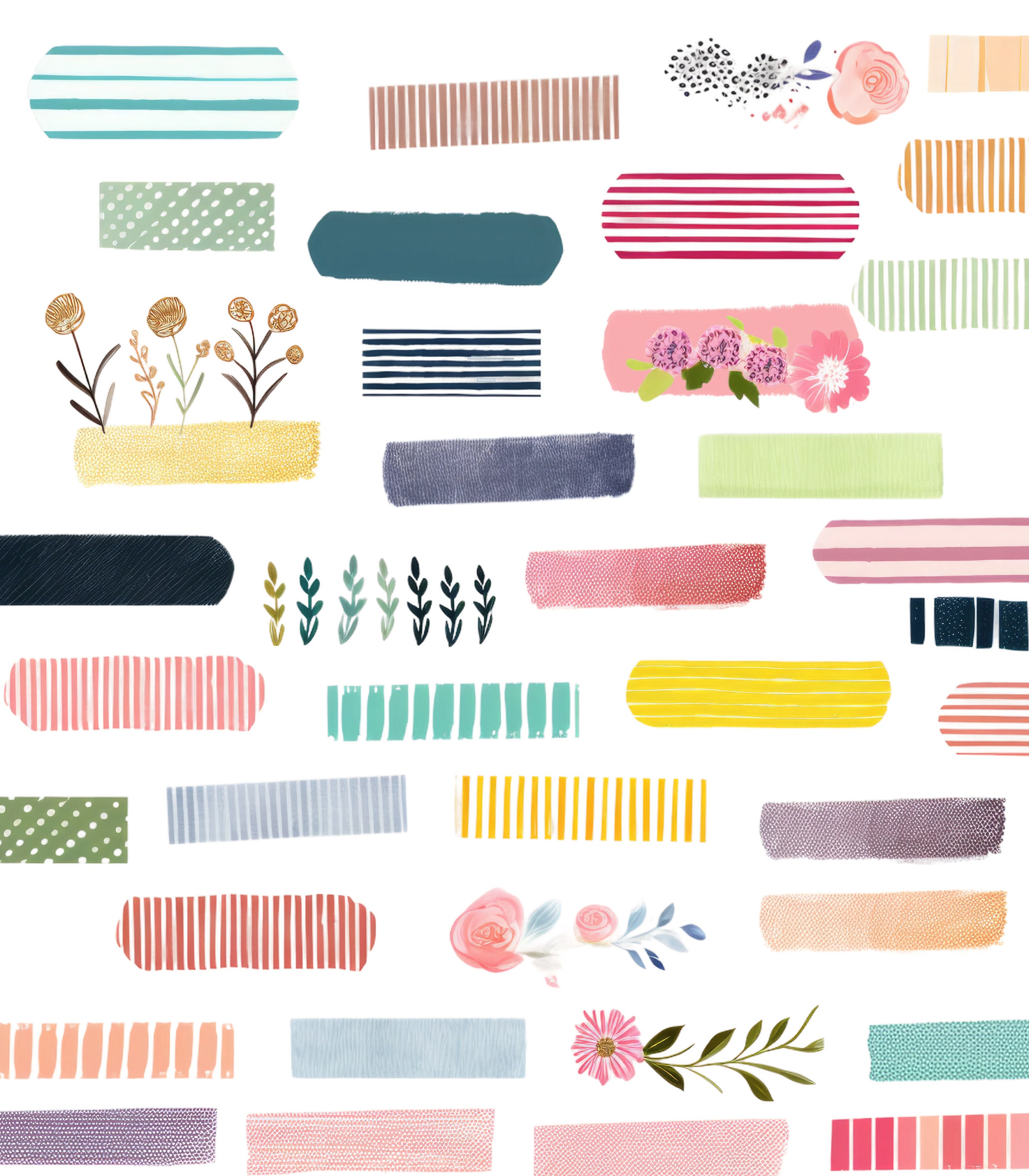Watercolor Washi Tape Clipart Collection, Striped Washi Tape PNG Floral ...
