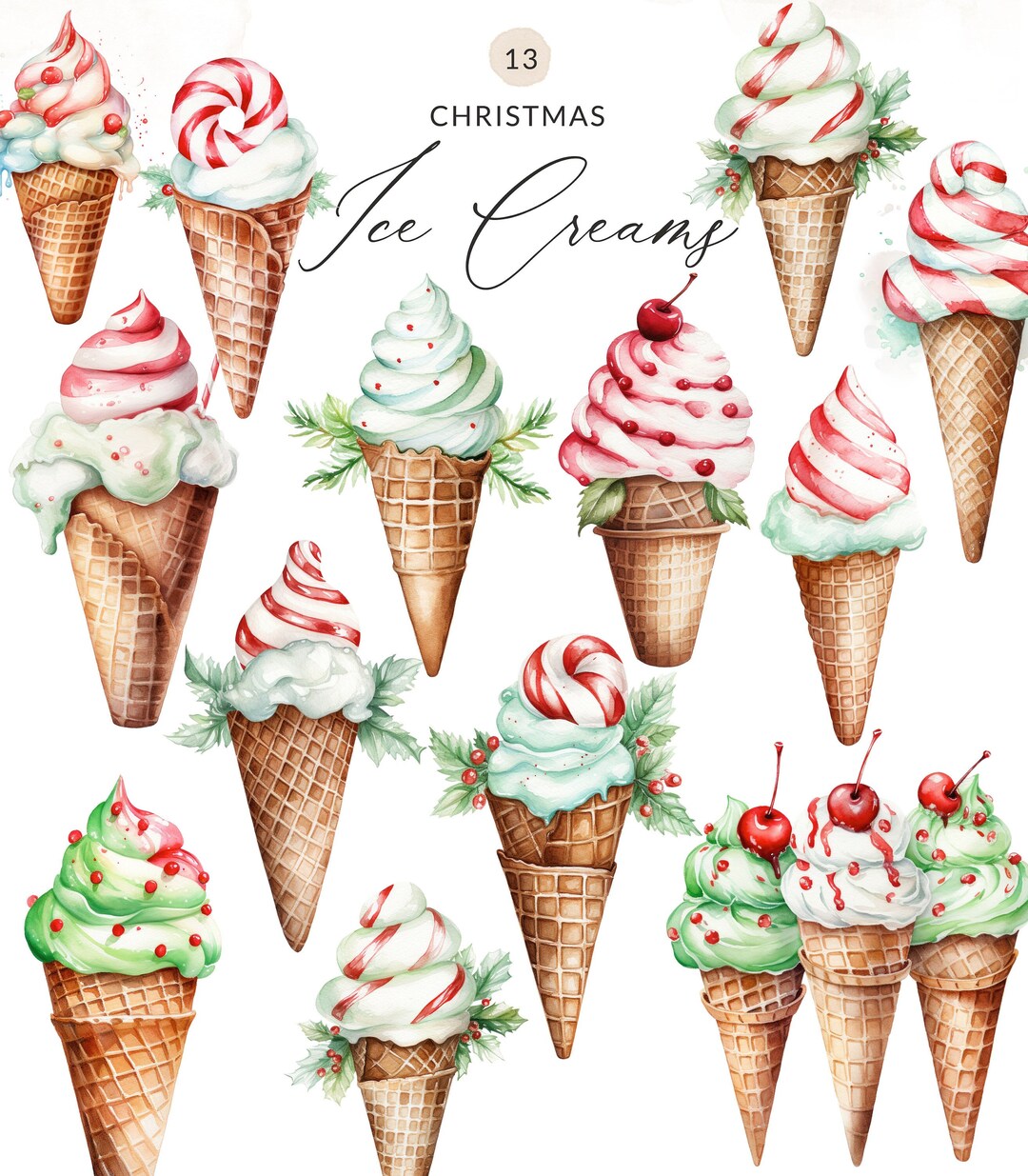Christmas Ice Cream Cones Clipart, Watercolor Christmas Ice Cream Clip ...