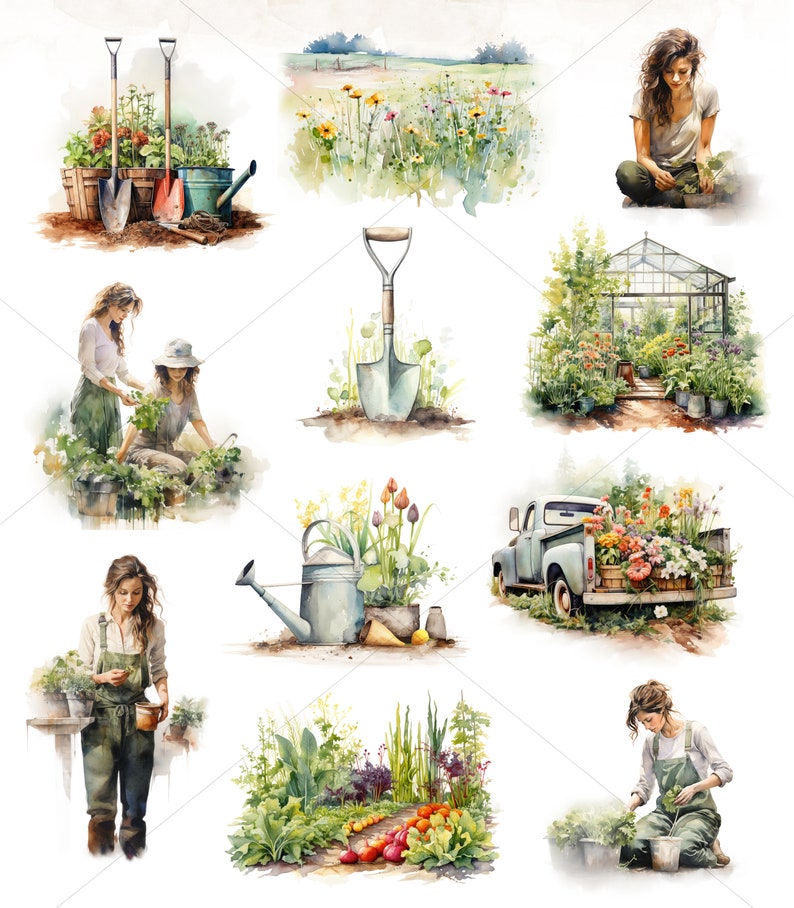 40 Watercolor Gardening Clipart PNG Images, Flower Farmer Clipart ...