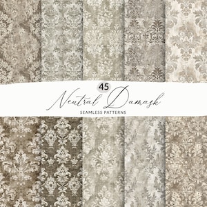 Seamless Damask Pattern Set, Neutral Damask Patterns, Distressed Damask ...
