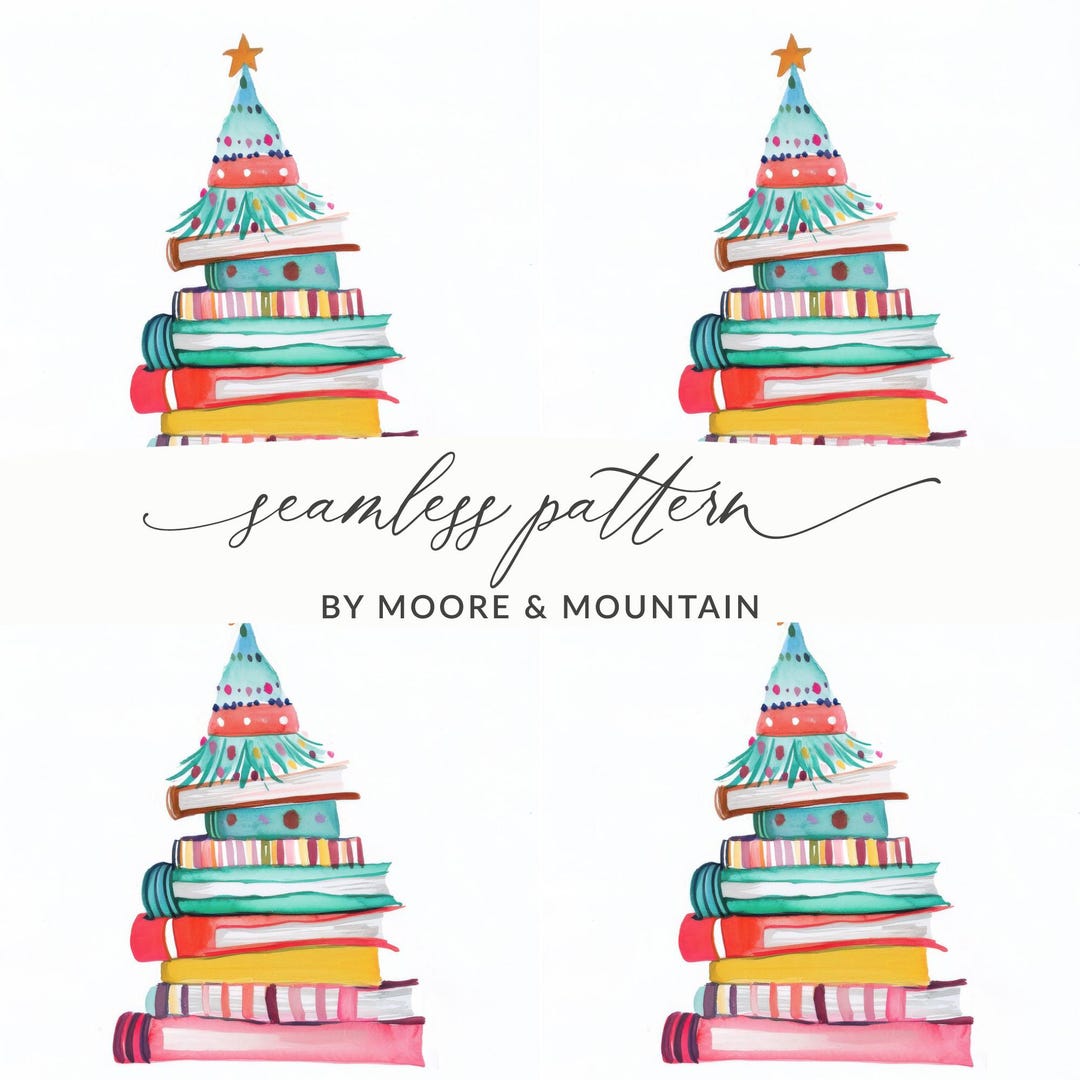 Book Christmas Tree Digital Paper, Bookmas Holiday Seamless Pattern ...