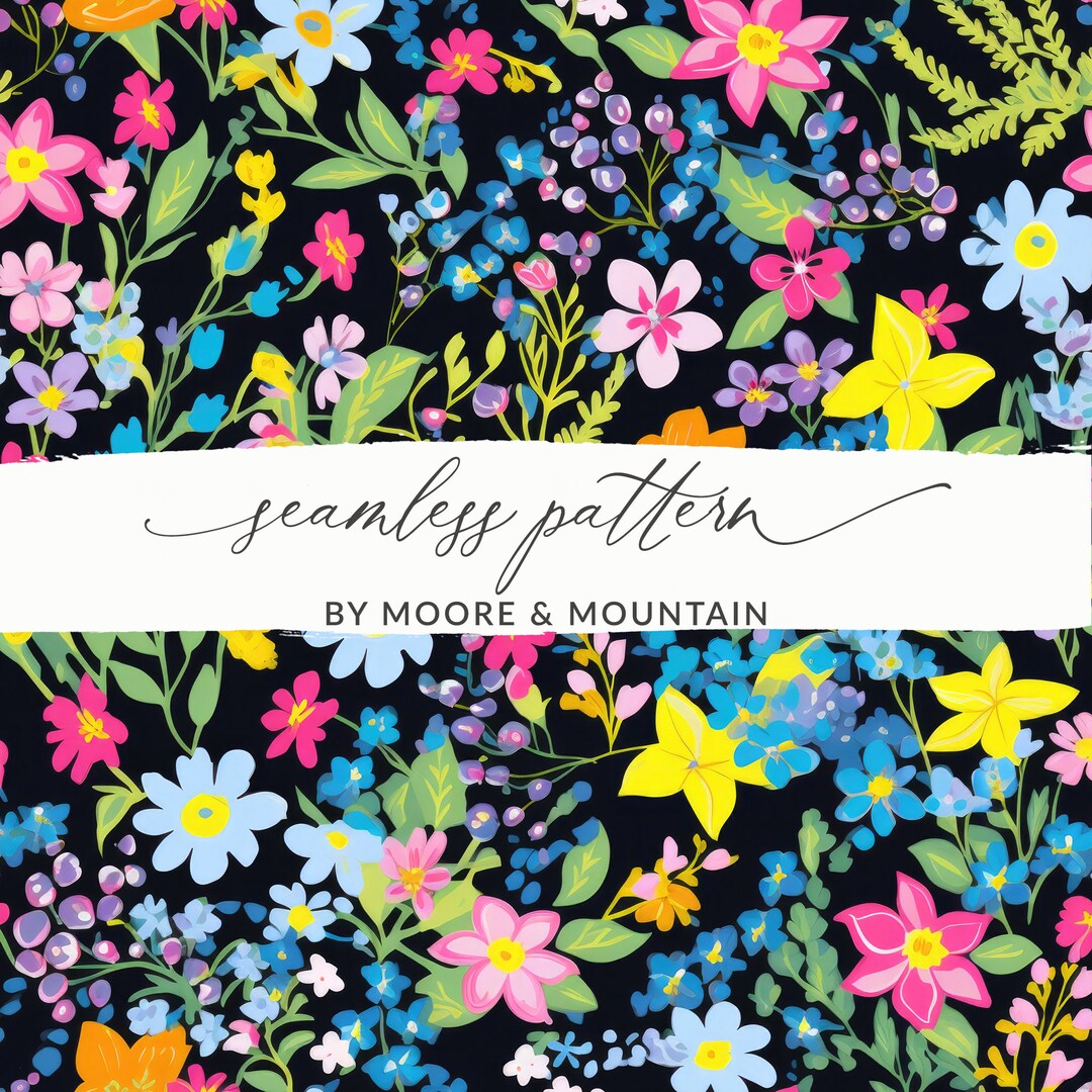 Seamless Preppy Black Tropical Blooms Pattern, Painterly Ditsy Floral Background Pattern, Cute ...