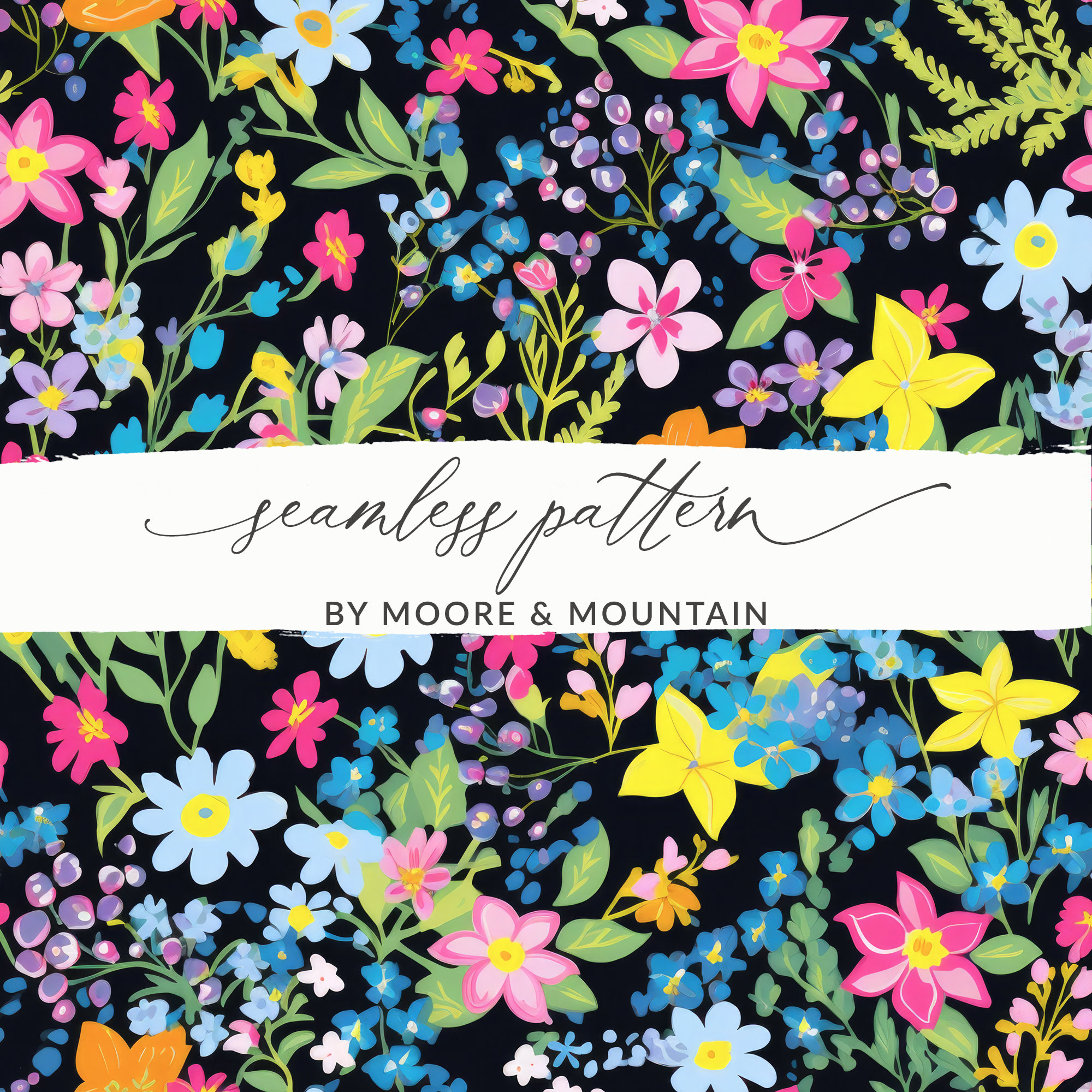 Seamless Preppy Black Tropical Blooms Pattern, Painterly Ditsy Floral ...