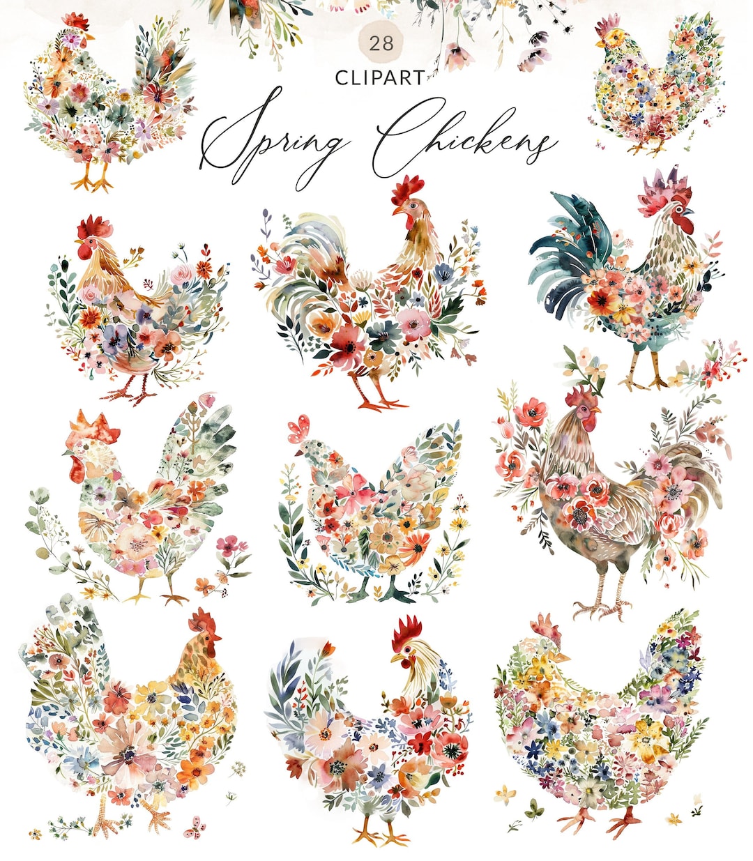 Watercolor Chickens Clipart Set, Painted Chicken Clip Art PNG Images ...