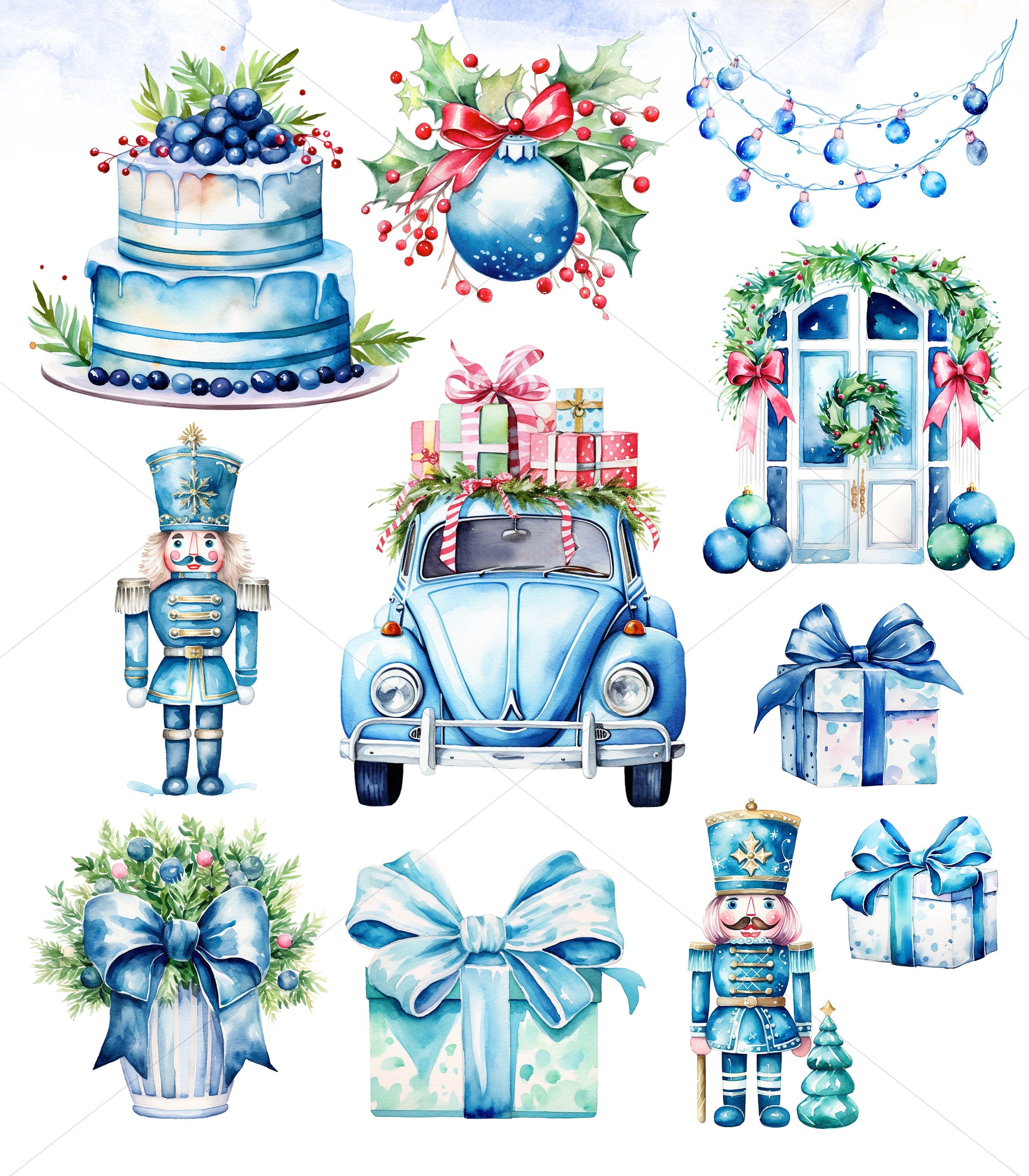 50 Blue Christmas Clipart Blue Watercolor Christmas Clipart, Teal ...