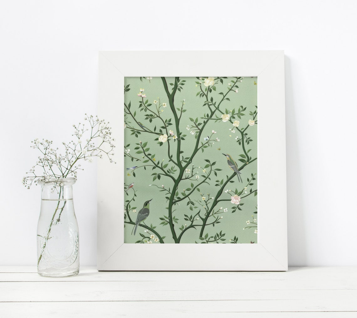 Sage Green Chinoiserie Floral Pattern, Seamless Green Chinoiserie ...