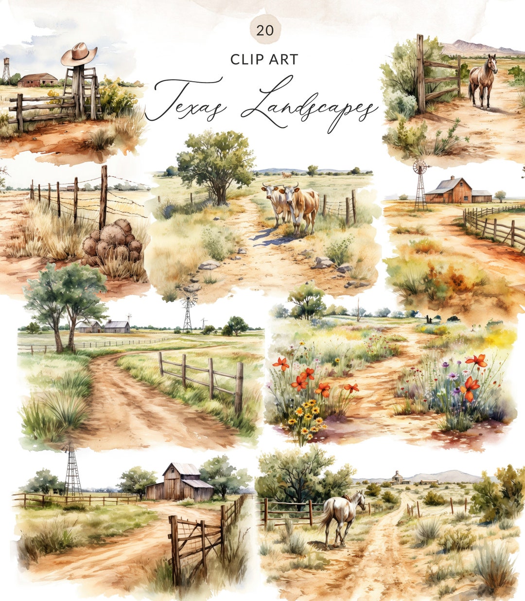 Watercolor Texas Landscape Art Print, Texas Landscape PNG Images ...