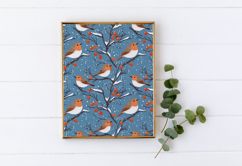 Robin Seamless Background Pattern Winter Birds on Branches Winter ...