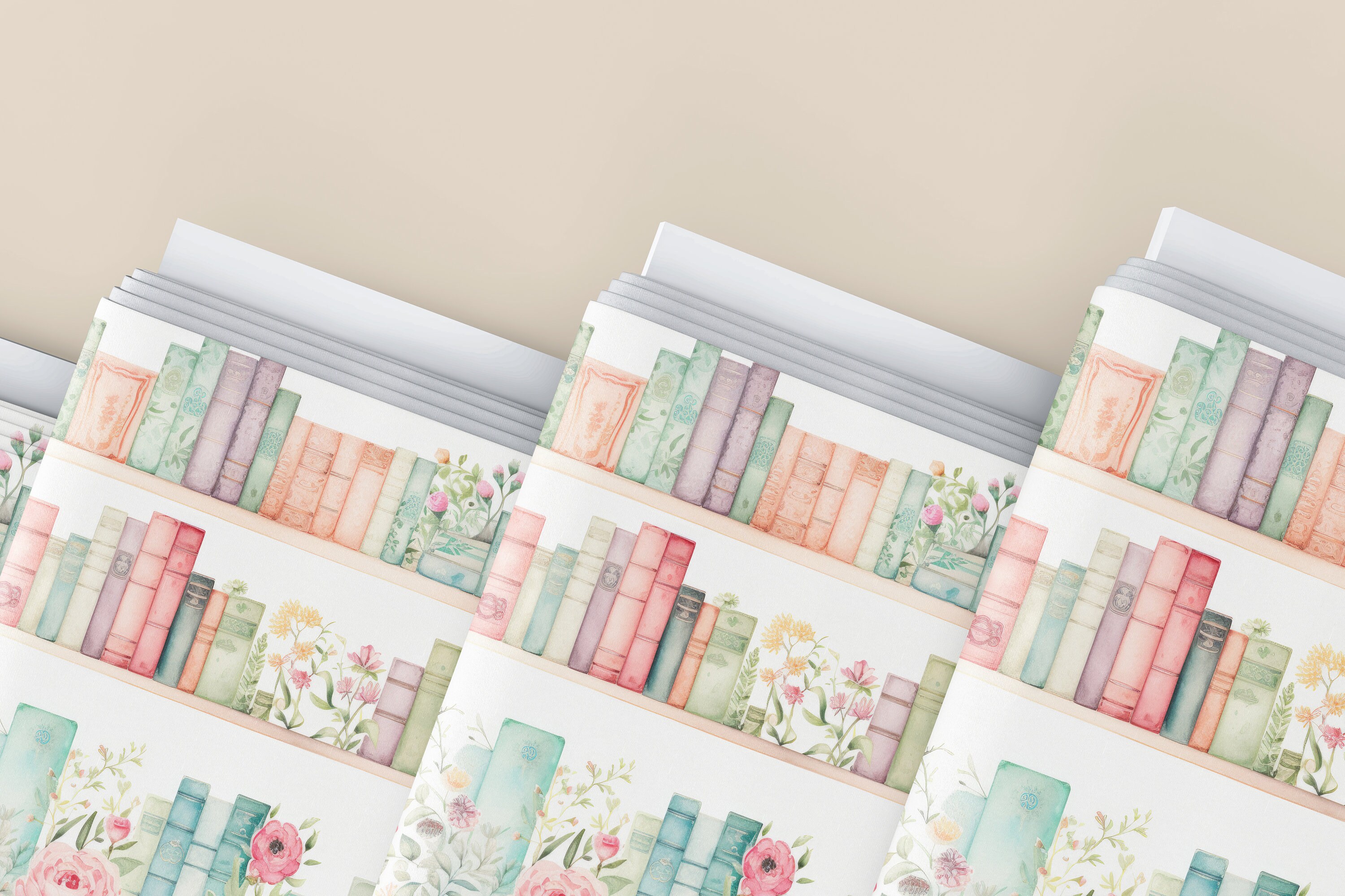 Floral Bookshelf Seamless Background, Cute Watercolor Bookshelf Pattern ...