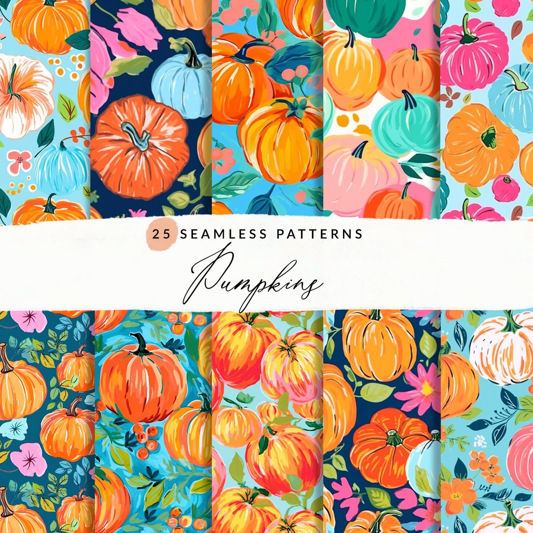 Colorful Fall Pumpkins Patterns, Colorful Pumpkin SEAMLESS Backgrounds ...
