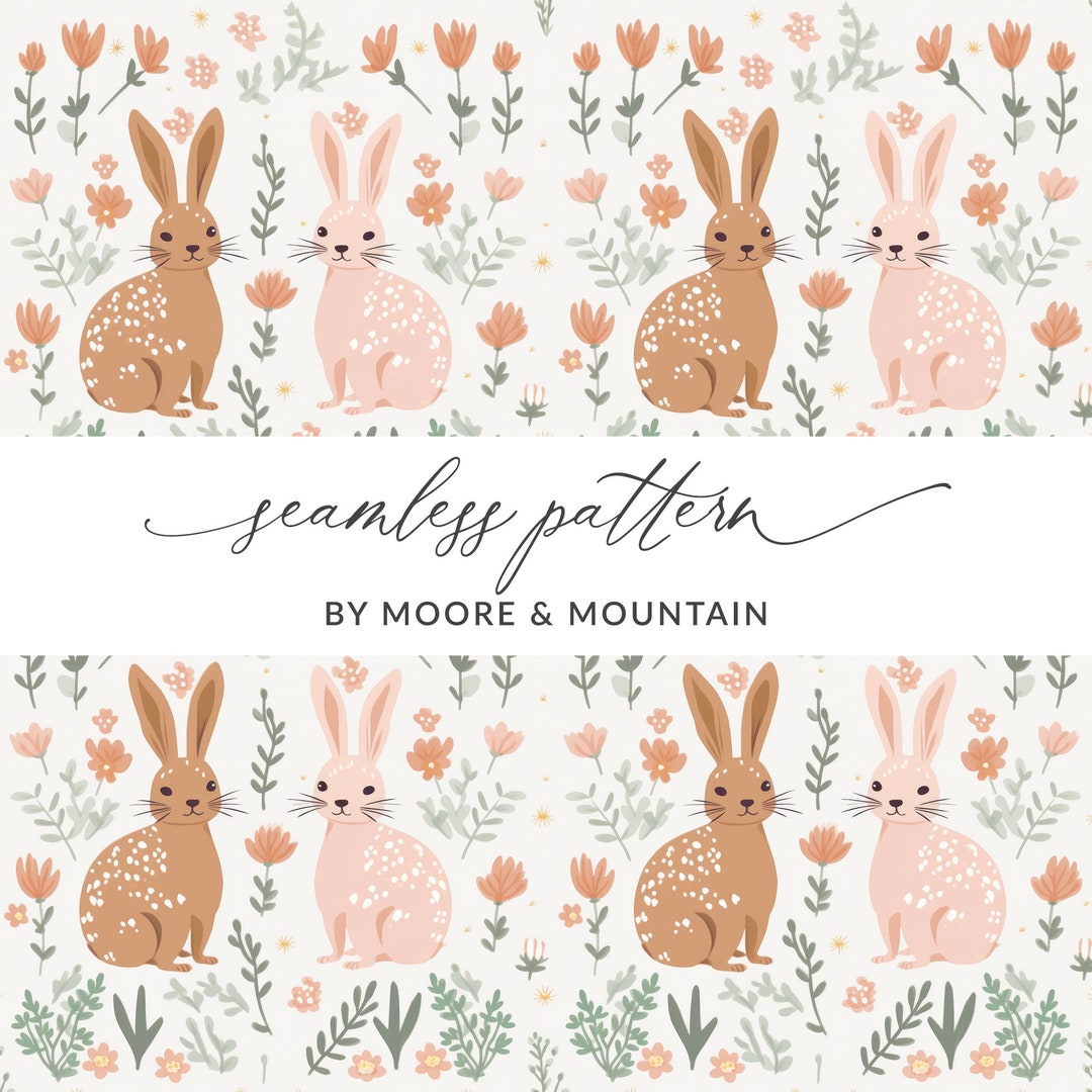 Cute Seamless Bunny Background, Folk Art Bunnies Seamless Pattern, Pink ...
