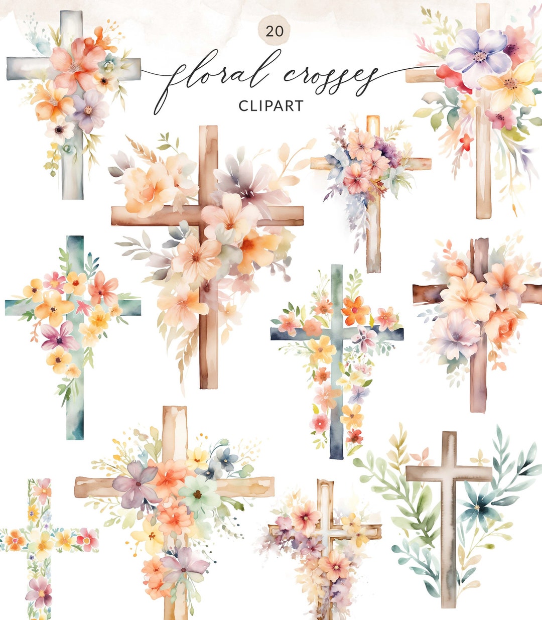 20 Watercolor Flower Crosses Clipart, Flower Crosses PNG, Easter Cross ...