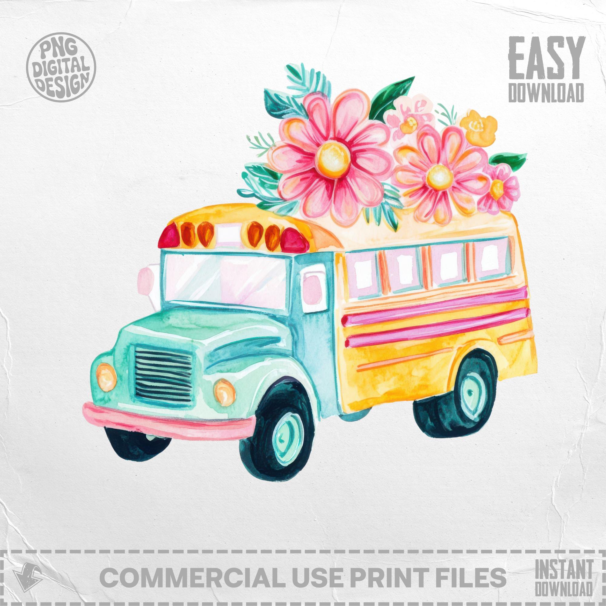 Watercolor School Bus Clipart, Floral Bus Design, Back to School Art ...