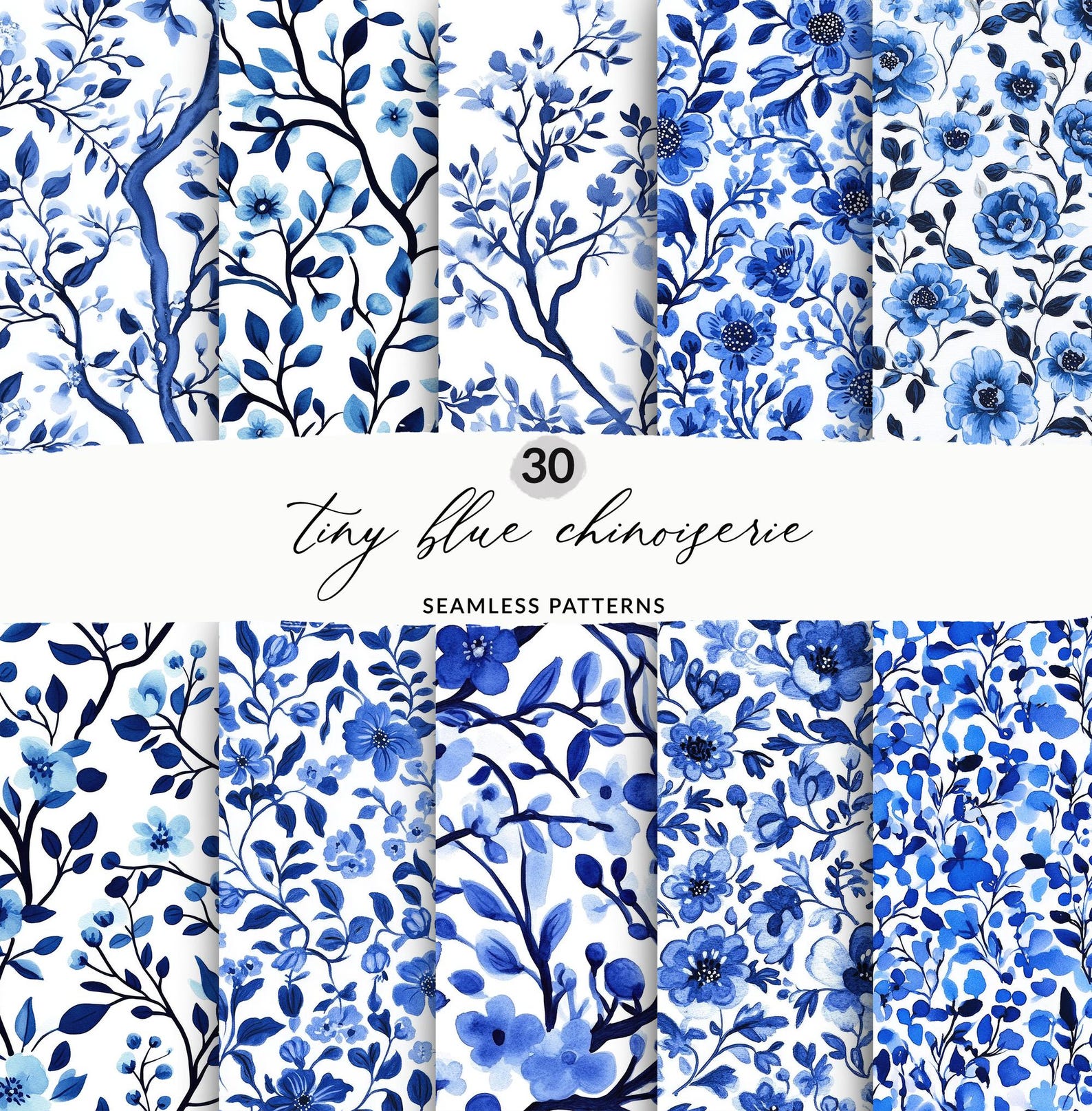 Chinoiserie Seamless Patterns Blue and White Watercolor Flower Pattern ...