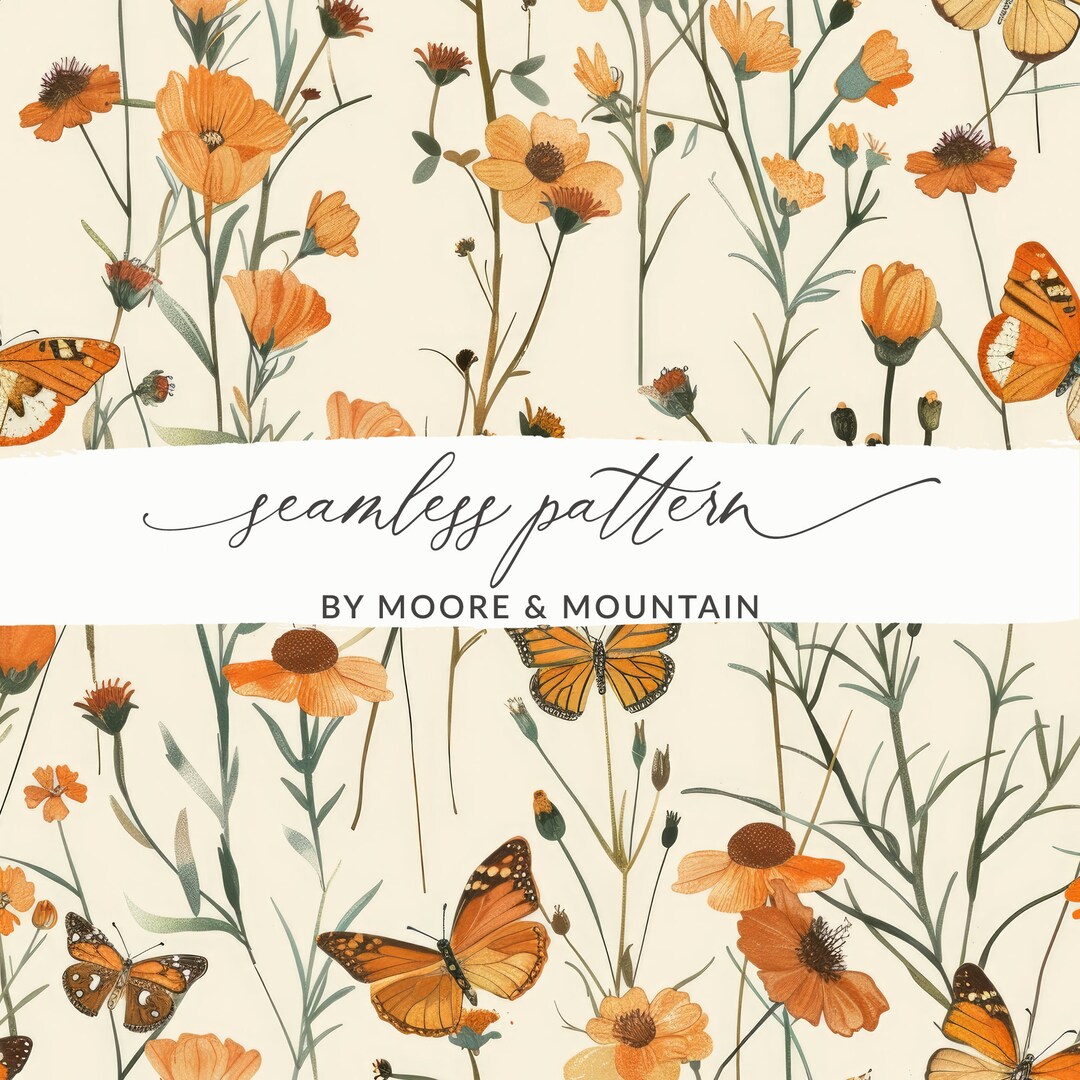 Cottagecore Meadow Seamless Pattern Monarch Butterfly Background PNG ...